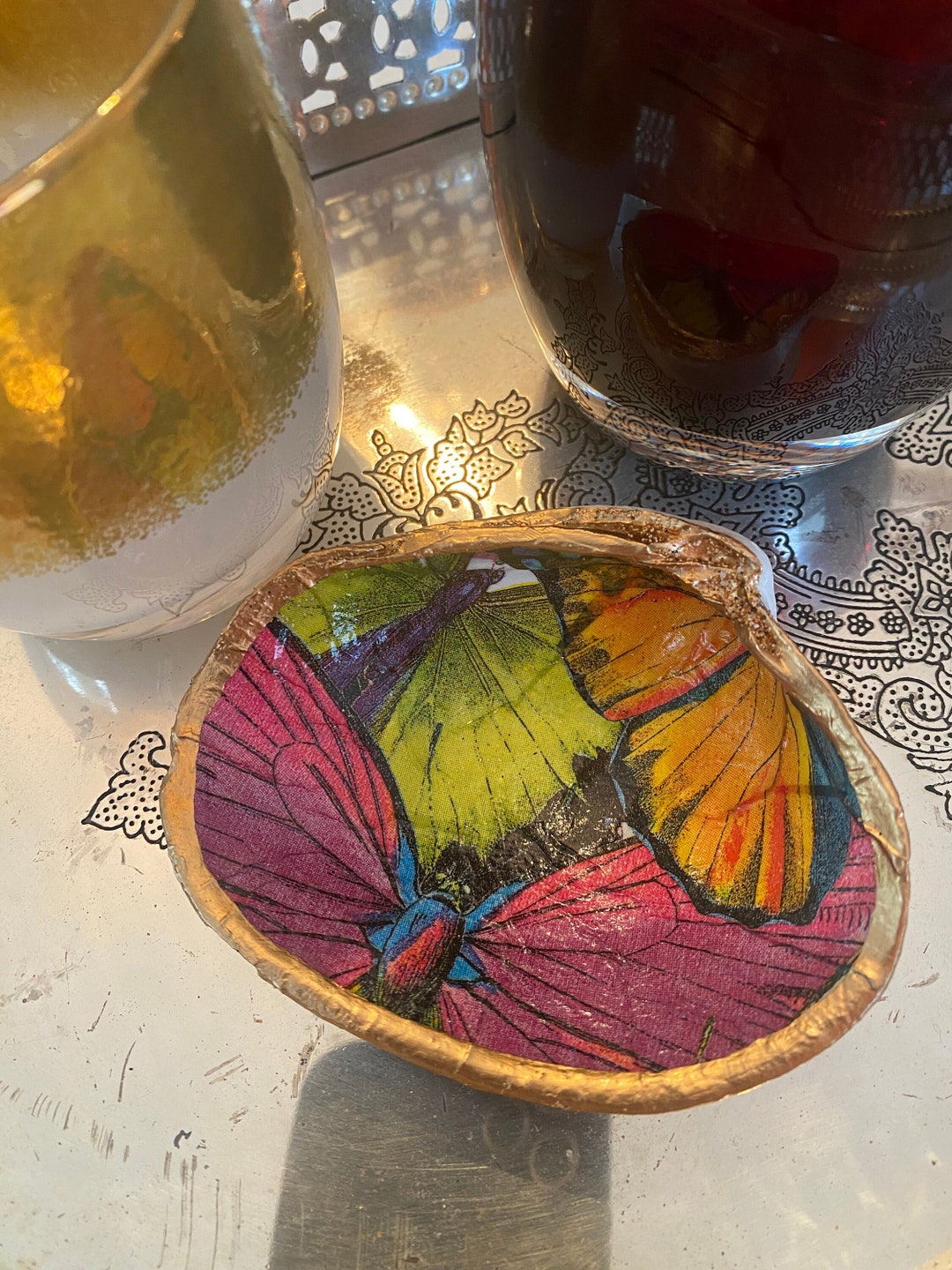 Colorful Butterflies on Clam Shell, Trinket Dish, Jewelry Dish, Beach ...