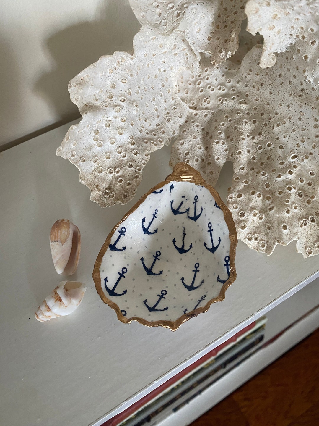 Navy Blue Anchors, Oyster Shell, Trinket Dish, Jewelry Dish, Beach ...
