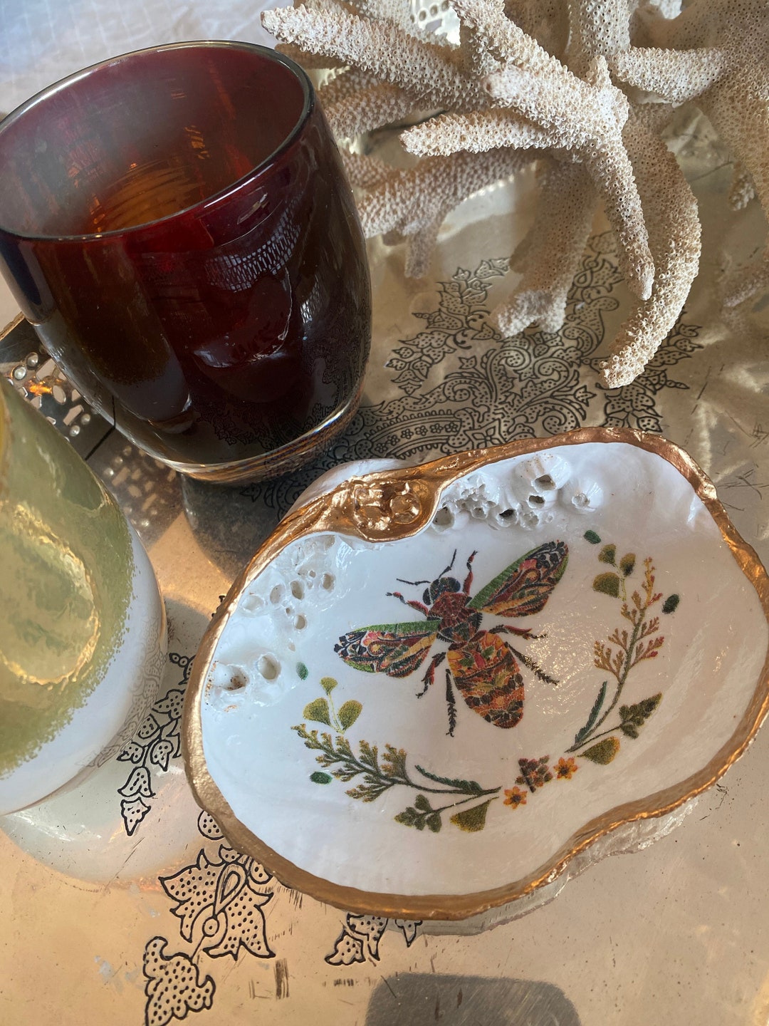 Big Colorful Bee on Clam Shell, Trinket Dish, Jewelry Dish, Beach Decor ...