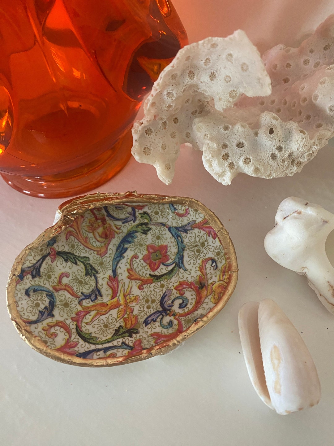 Warm Florentine Design on Clam Shell, Trinket Dish, Jewelry Dish, Beach ...