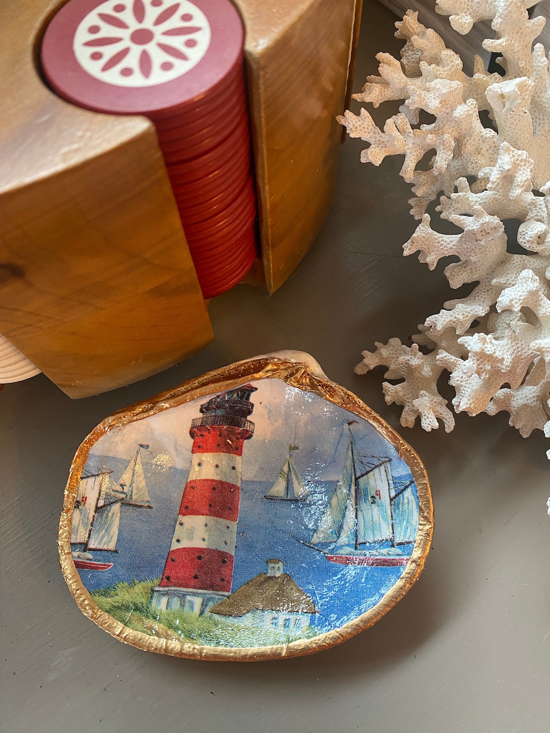 Lighthouse and Sailboats on Clam Shell, Trinket Dish, Jewelry Dish ...