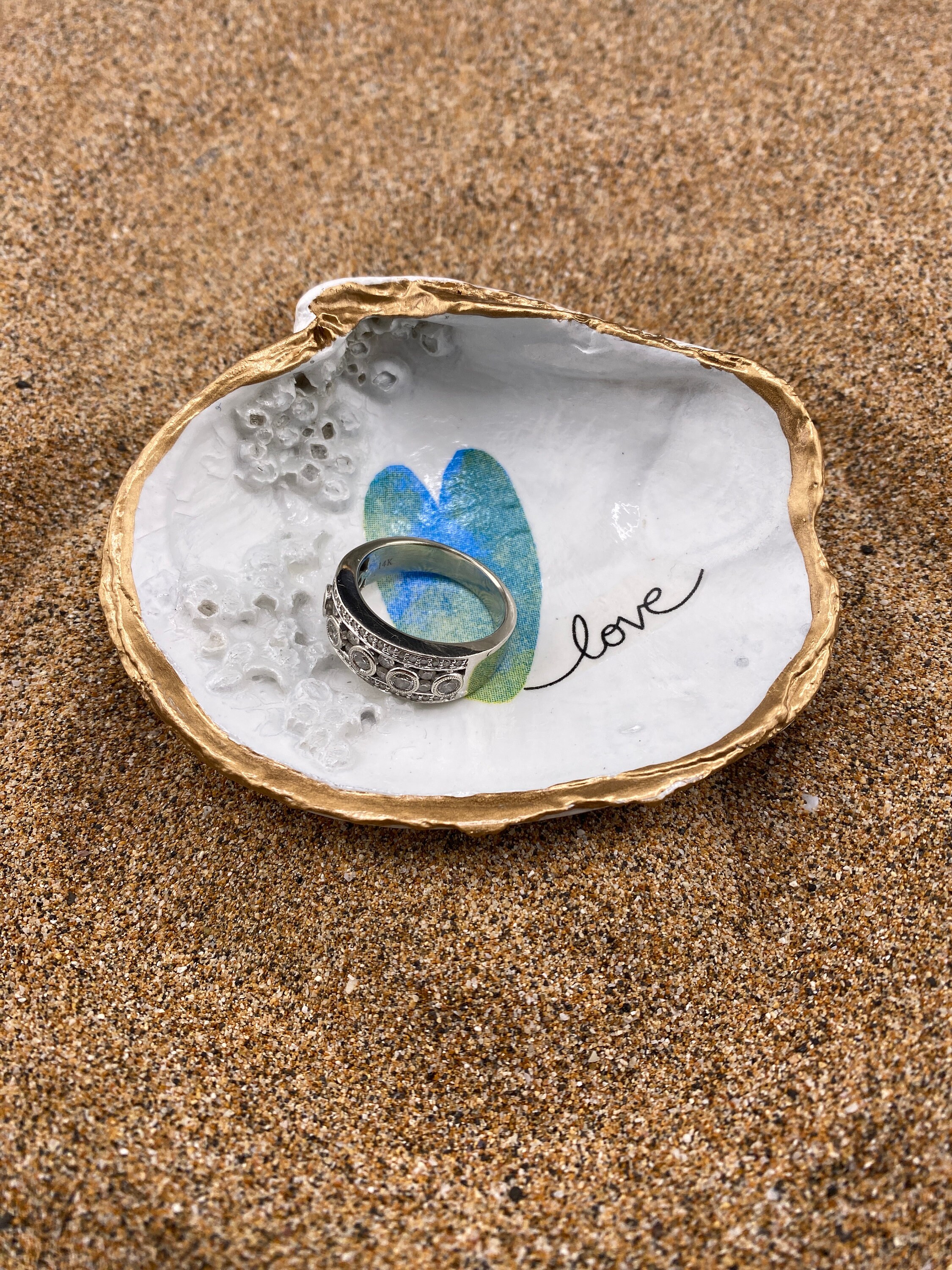 Blue & Green Heart With Love on Clam Shell, Trinket Dish, Jewelry Dish ...