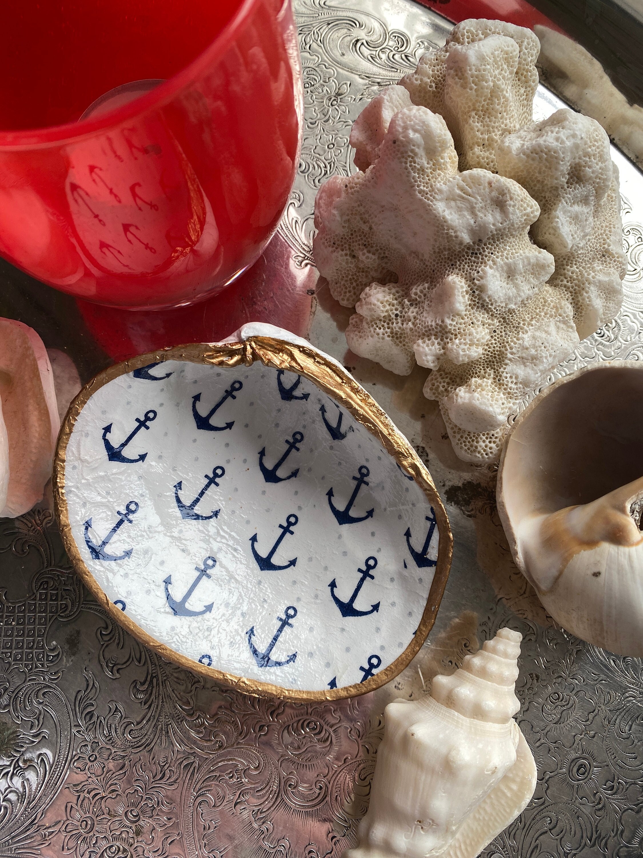 Navy Blue Anchors on Clam Shell, Trinket Dish, Jewelry Dish, Beach ...