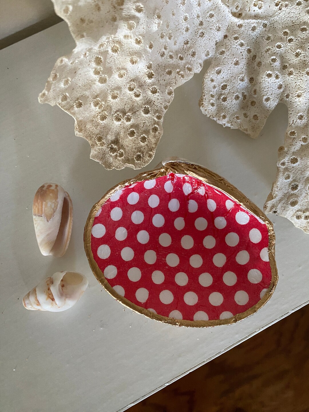 Red With White Polka Dots, Clam Shell, Trinket Dish, Jewelry Dish ...