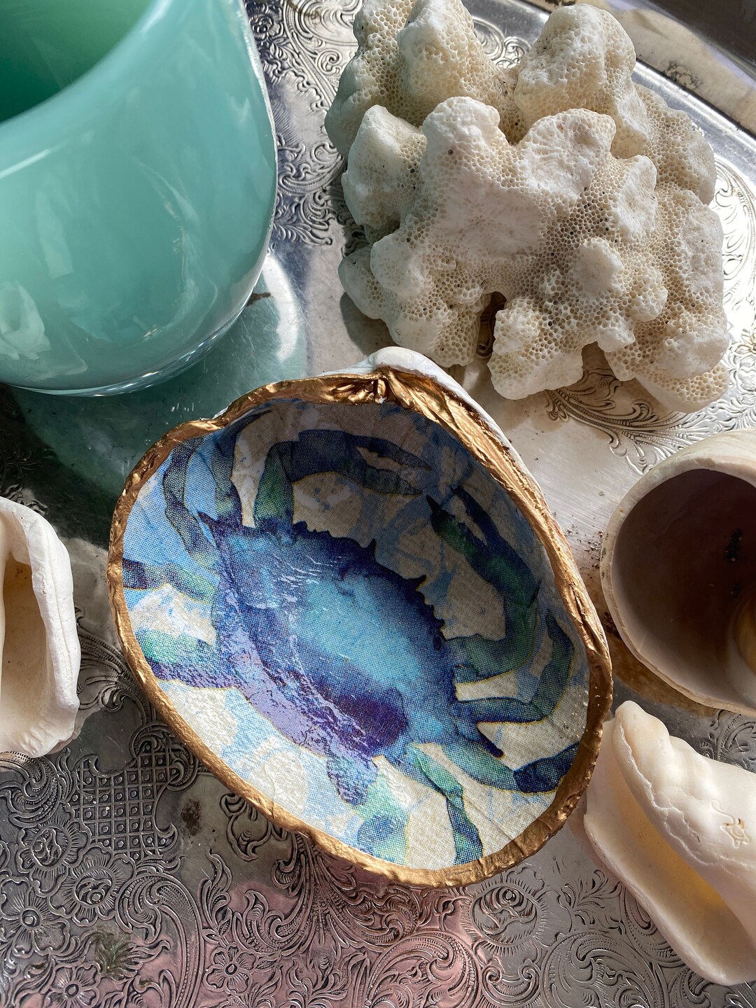 Blue Crab on Clam Shell, Trinket Dish, Jewelry Dish, Beach Decor - Etsy