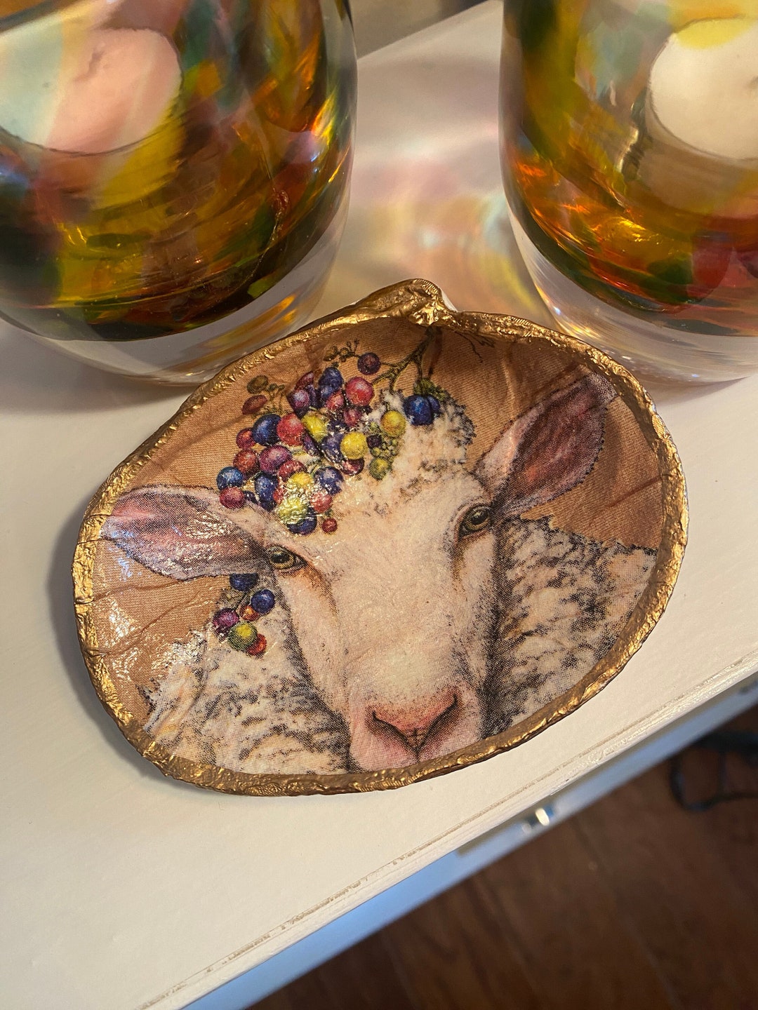 Sheep's Face With Colorful Grapes, Clam Shell, Trinket Dish, Jewelry ...