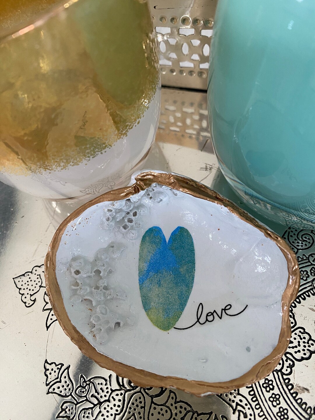 Blue & Green Heart With Love on Clam Shell, Trinket Dish, Jewelry Dish ...