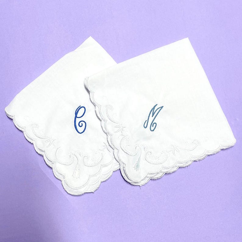 Personalized Monogram Handkerchief, Embroidered Cotton Hanky, Scalloped ...