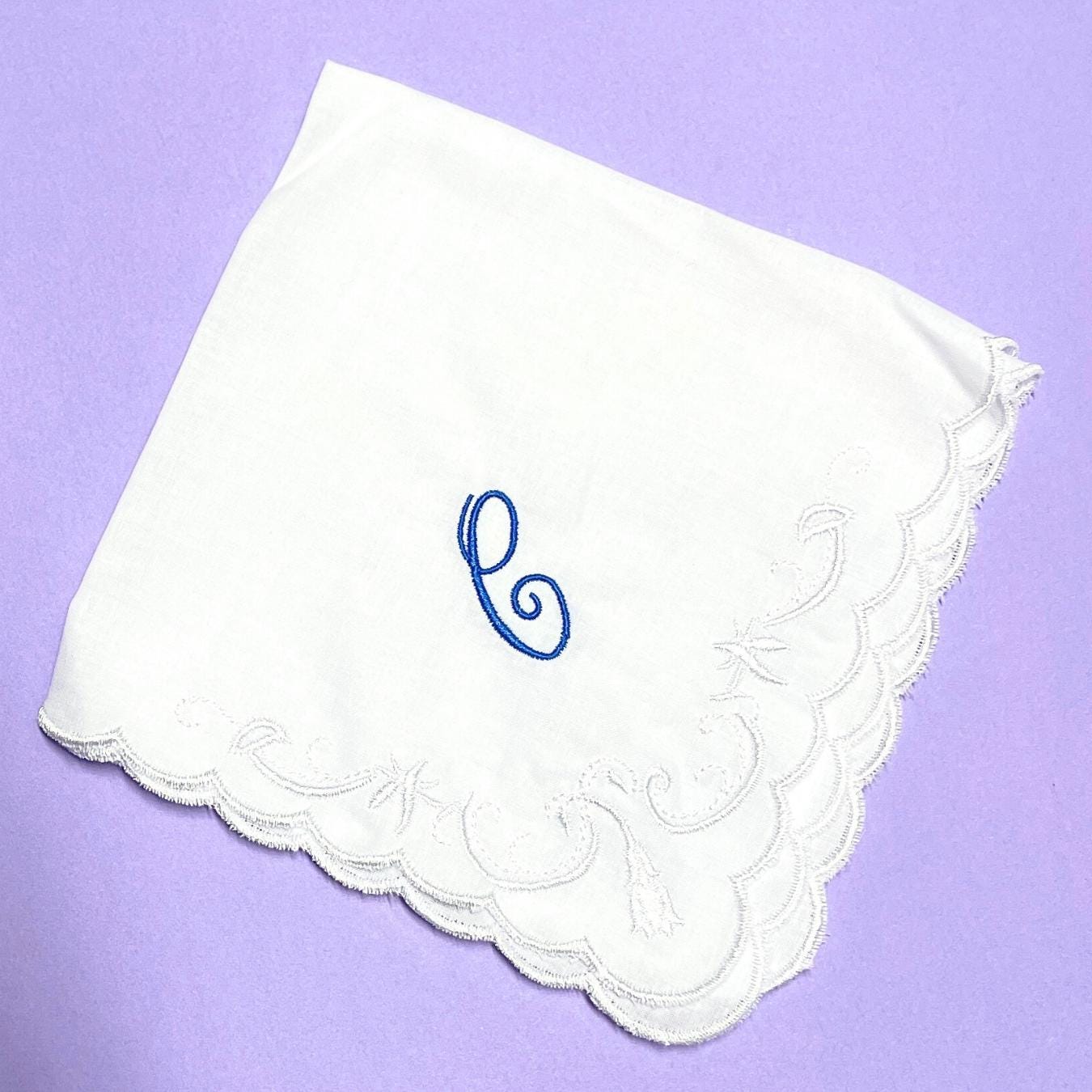 Personalized Monogram Handkerchief, Embroidered Cotton Hanky, Scalloped ...