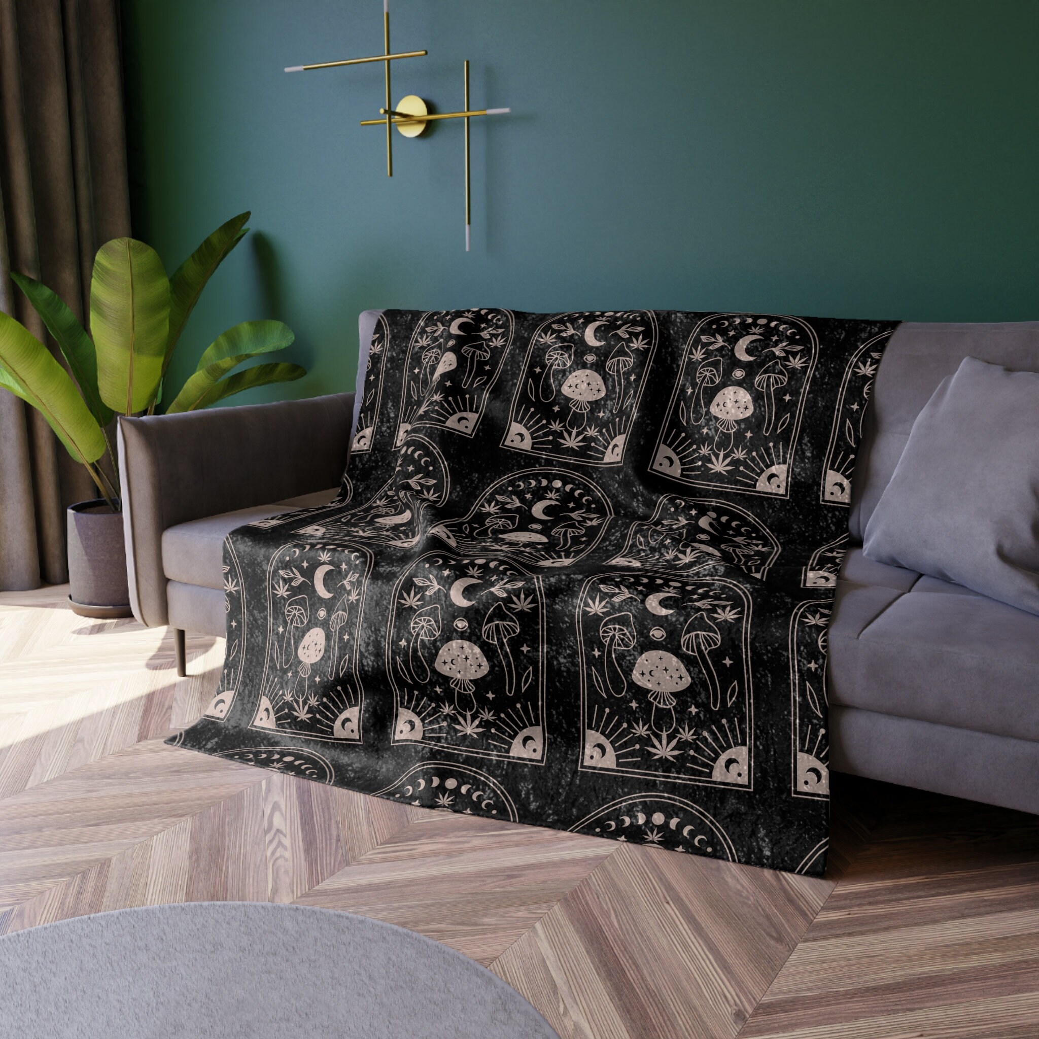 Moon Phase Stoner Celestial Blanket Mushroom Hemp Leaf Evil Eye Home ...