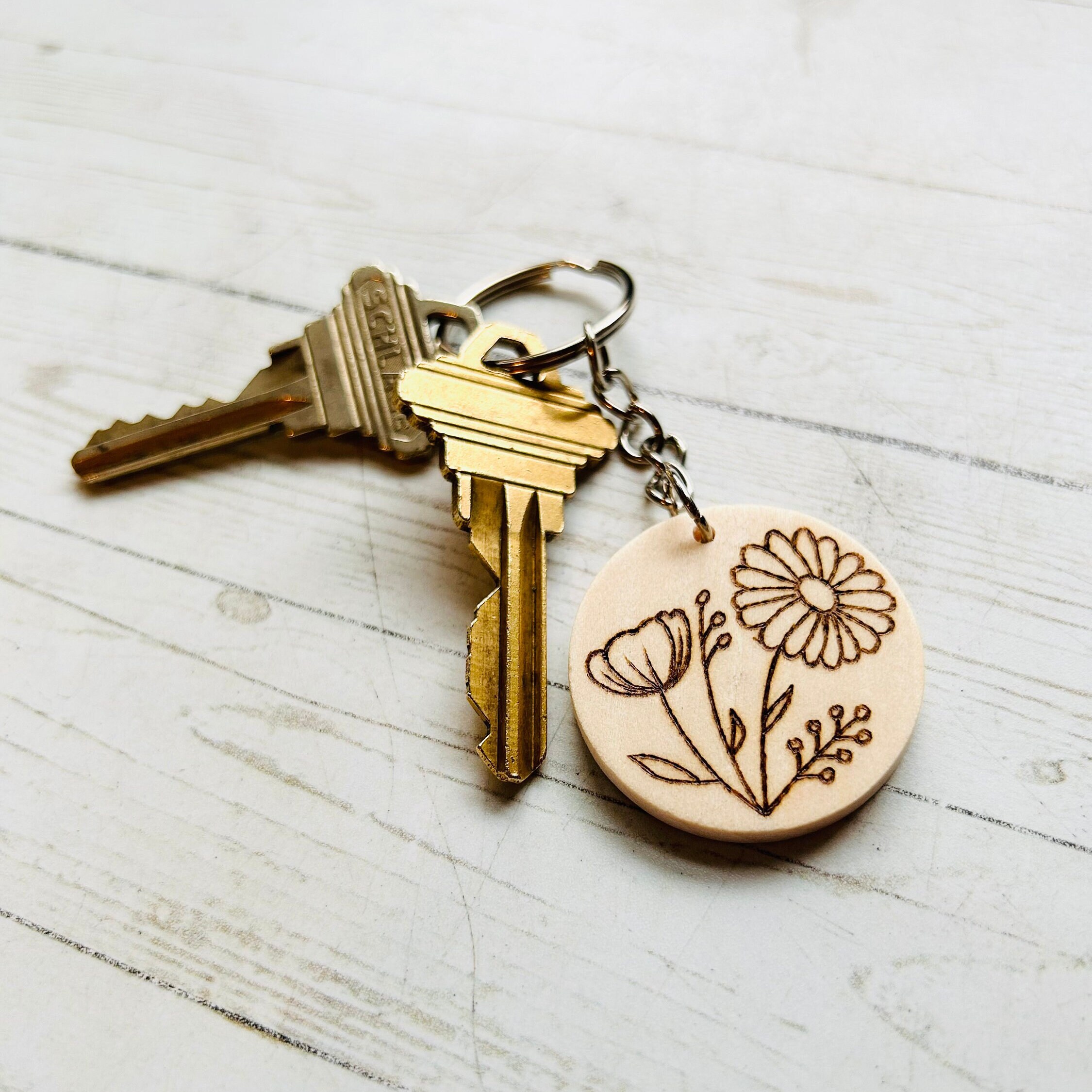Floral Wood Burned Keychain - Etsy