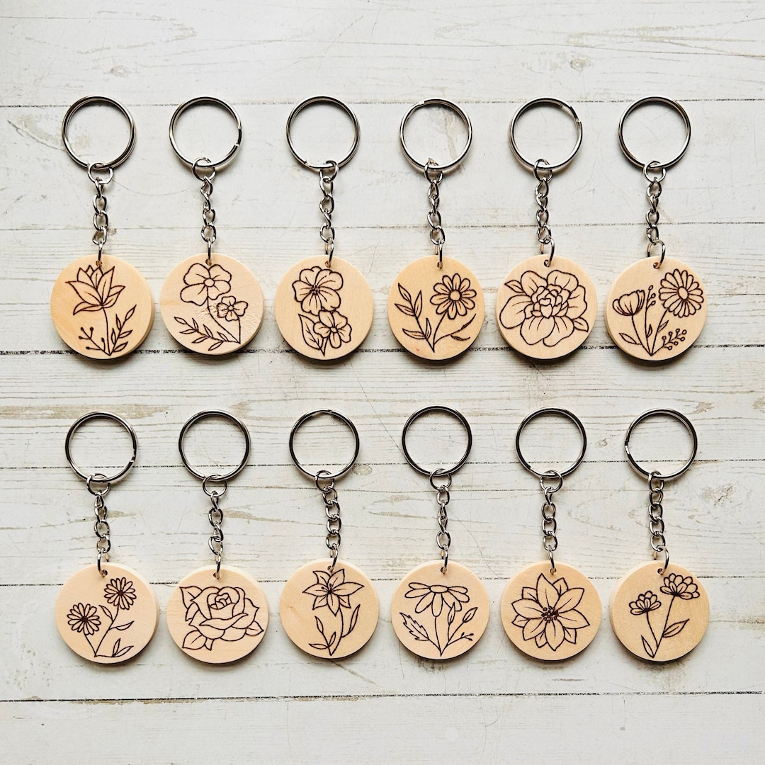 Floral Wood Burned Keychain - Etsy