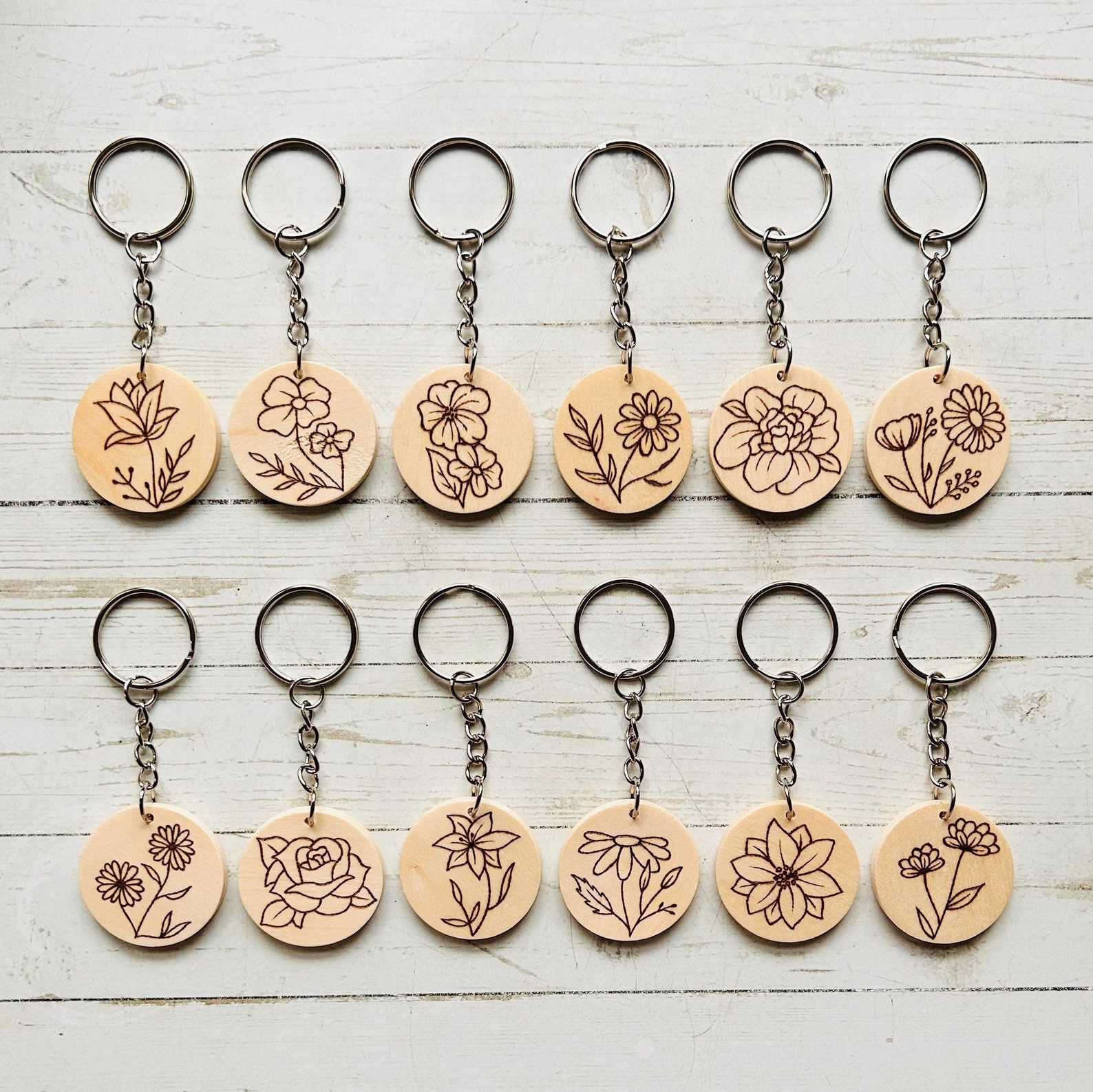 Floral Wood Burned Keychain - Etsy