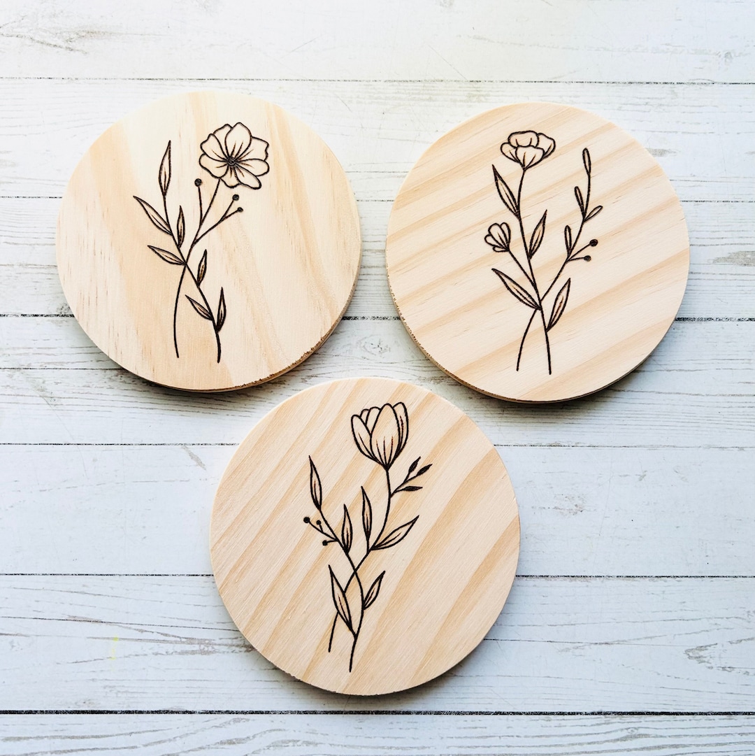 Floral Wood Burned Coaster Set - Etsy