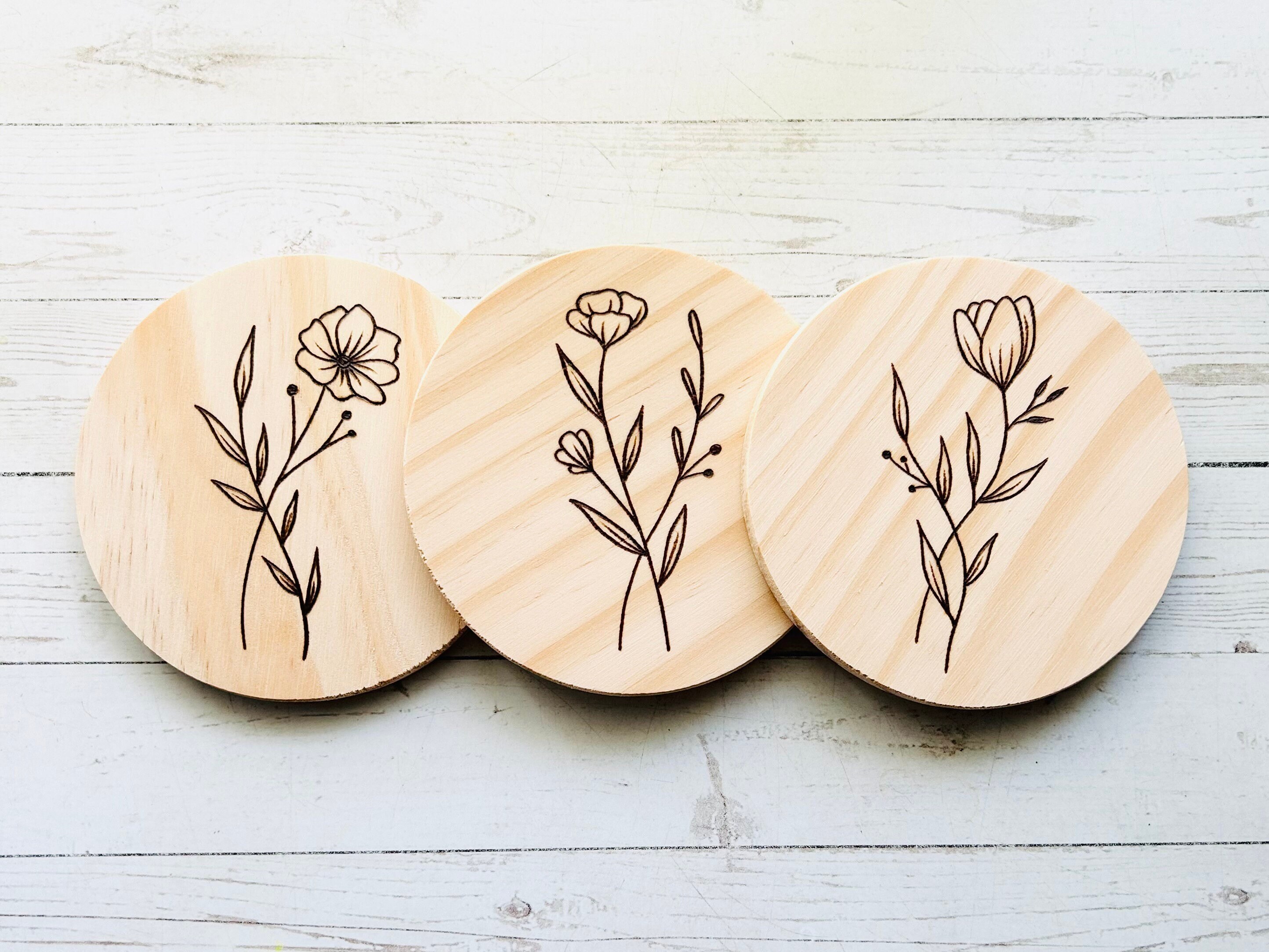 Floral Wood Burned Coaster Set - Etsy