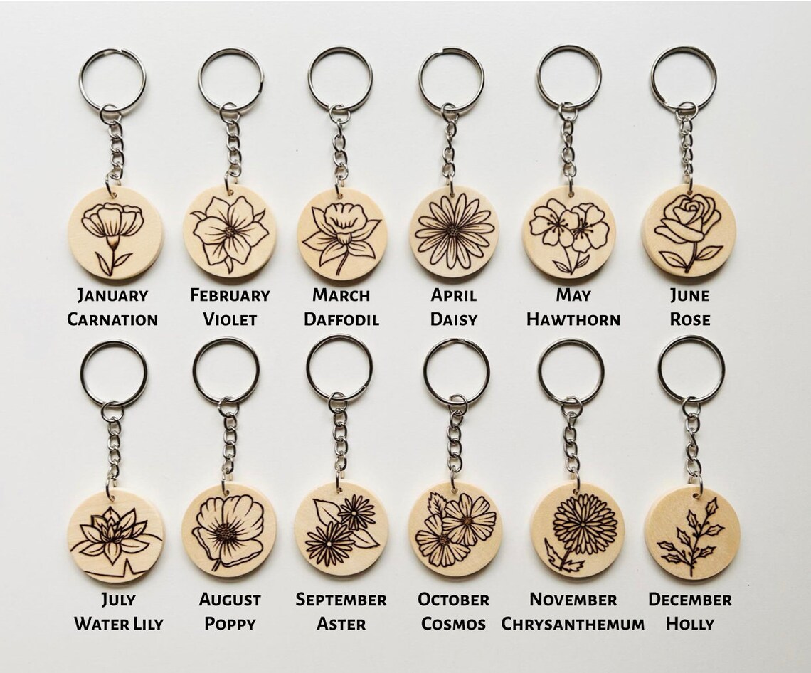 Birth Flower Wood Burned Keychain - Etsy