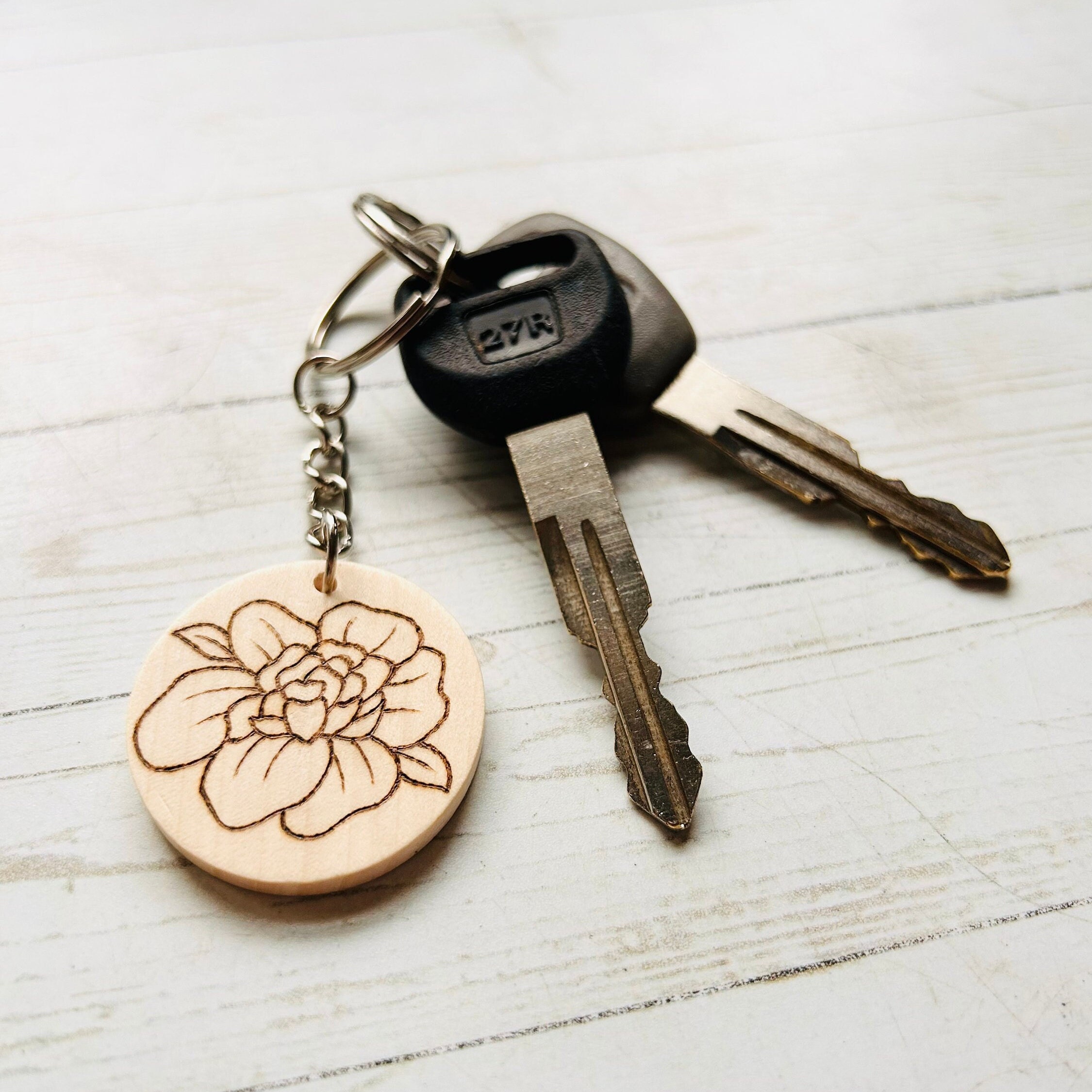 Floral Wood Burned Keychain - Etsy