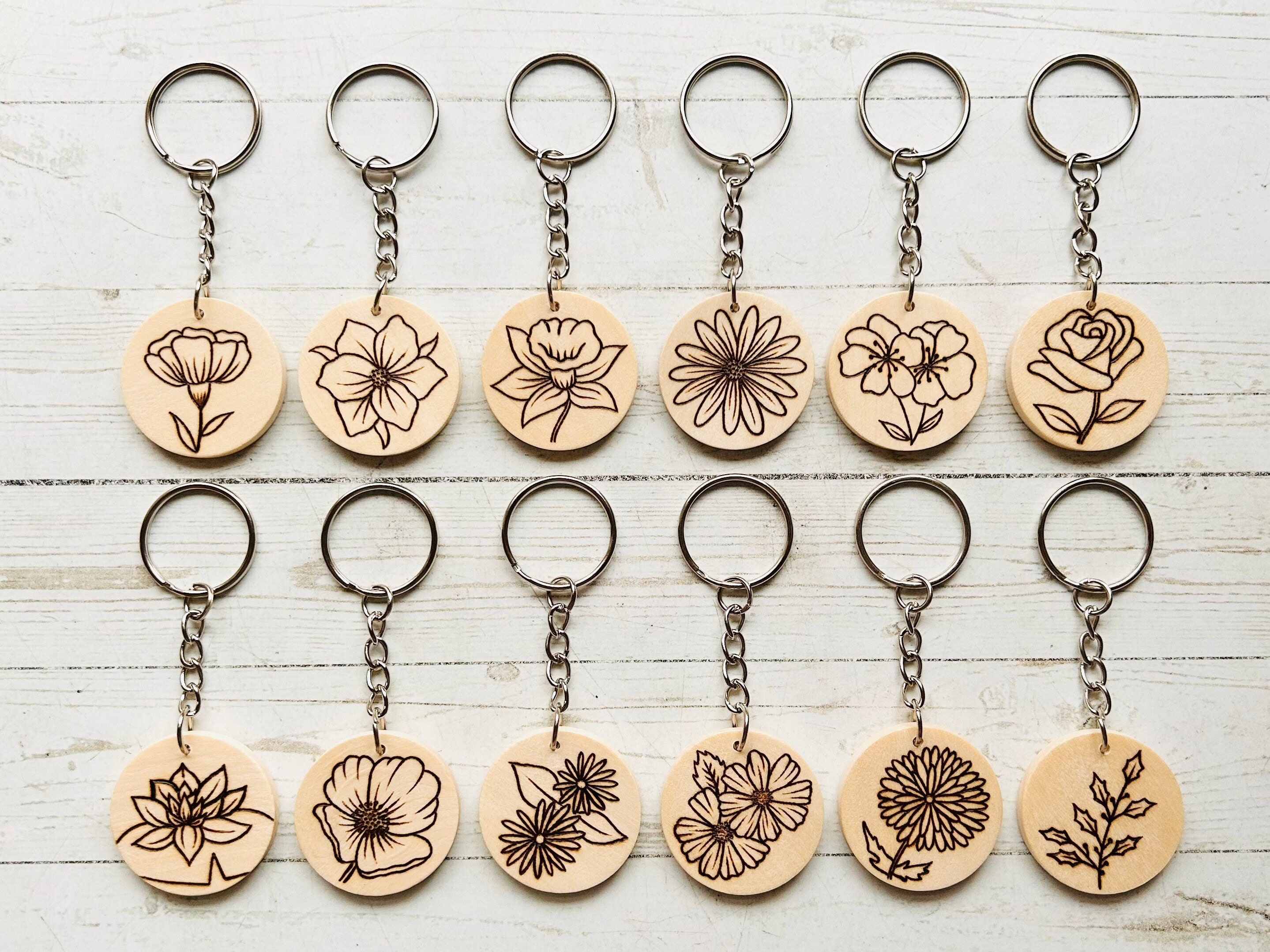 Birth Flower Wood Burned Keychain - Etsy