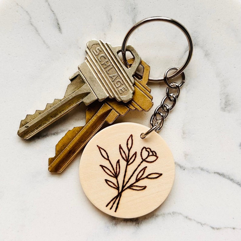Botanical Wood Burned Keychain - Etsy