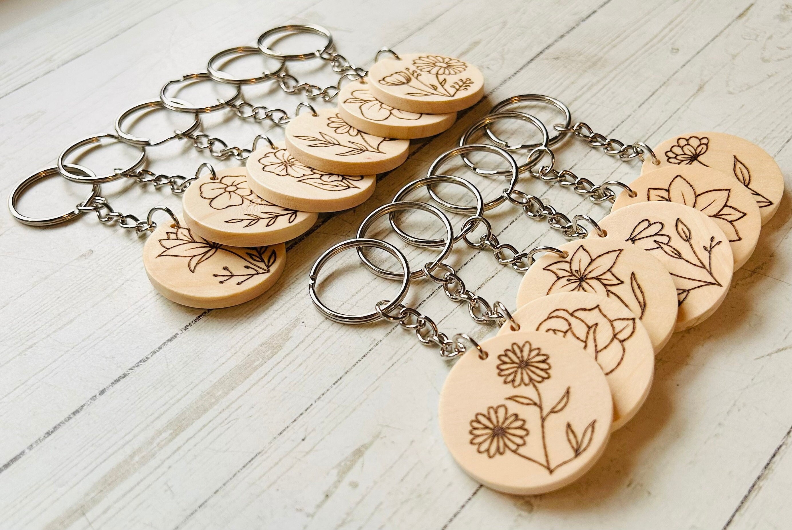 Floral Wood Burned Keychain - Etsy