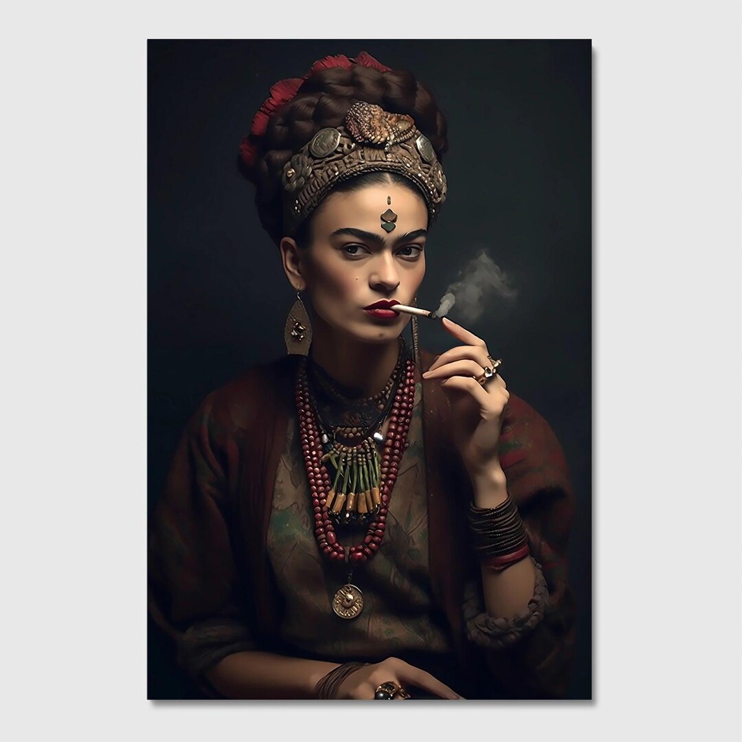 Frida Kahlo With Cigarette Portrait CANVAS / 100x150 / Frame Black ...