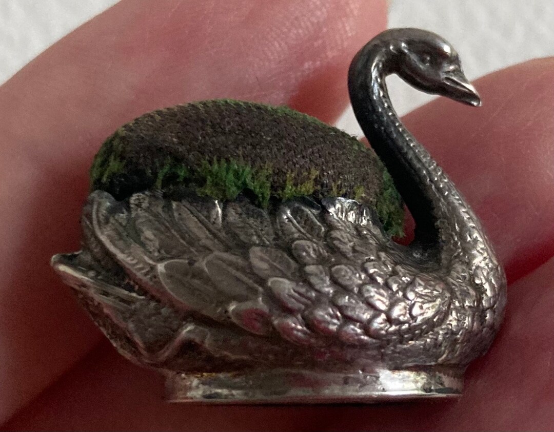 Edwardian Miniature Novelty Hallmarked Sterling Silver Swan Pin Cushion ...