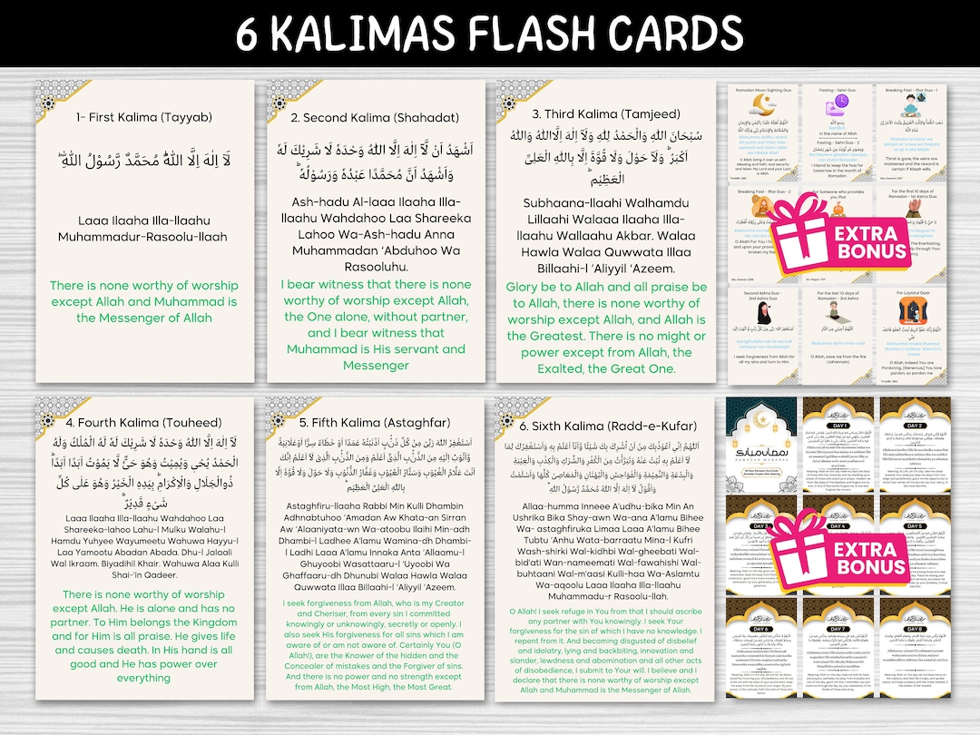 6 Kalimas Flash Cards,printable Kalimas Flash Cards for Kids,english Translation Kalimas Cards ...