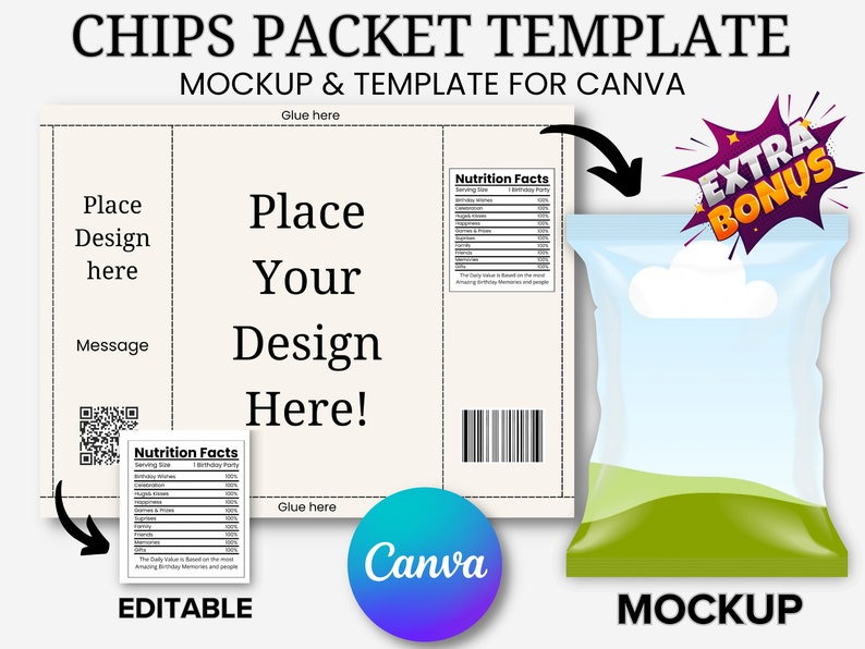 Chips Packet Template for Canva,chips Bag Mockup,customizable Chips ...