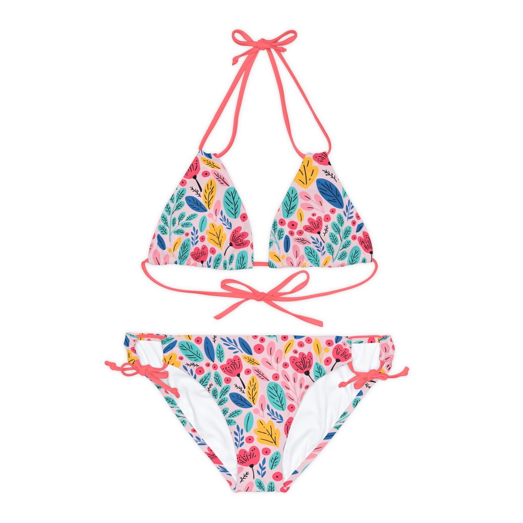 Strappy Bikini Set (AOP); Perfect Summer Two-piece Swimsuit; Fun Floral ...