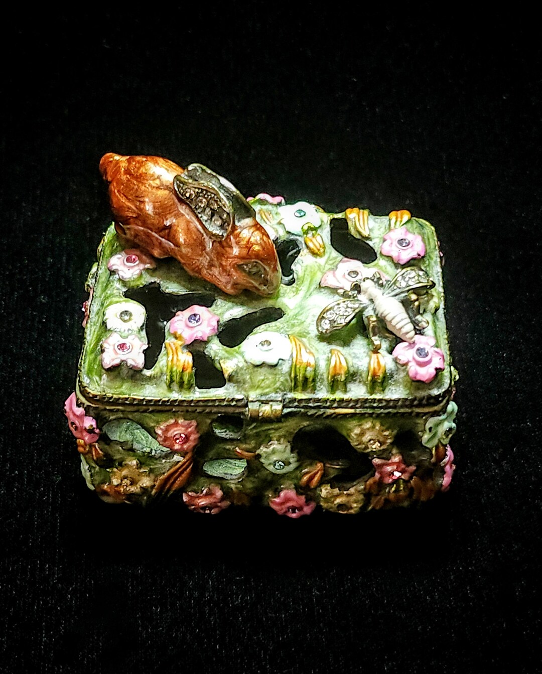 Vintage Bunny Dragonfly Trinket Pill Box Swarovski Crystal's Gift for ...