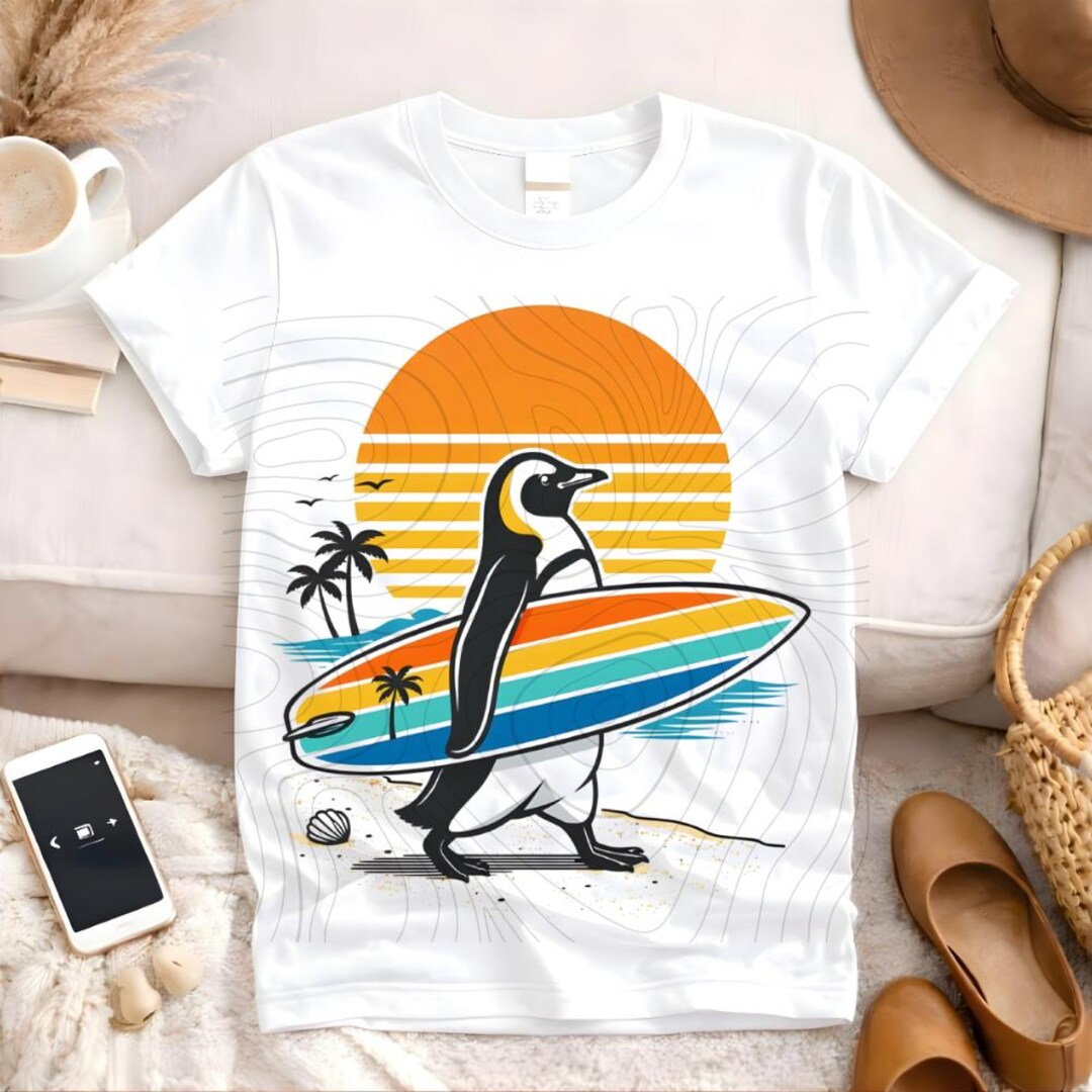 Lustiges Surfen PNG, Pinguin Surfer Bei Sonnenuntergang PNG, Retro ...