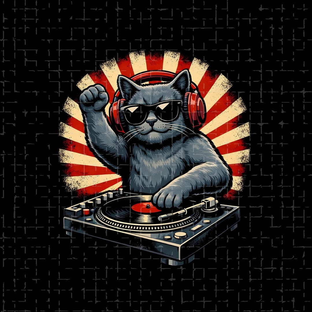 DJ Cat Funny Vintage Style PNG: Cool Music Cat Png Retro DJ Turntable ...