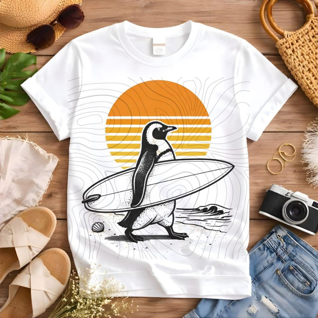 Penguin Surfer at Sunset PNG, Funny Retro Surfing Animal PNG, Beach ...