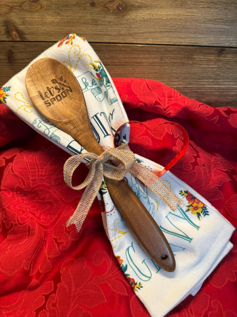 Wooden Spoon Gift Set: Engraved Cooking Spoon, Tea Towel & Cookie ...