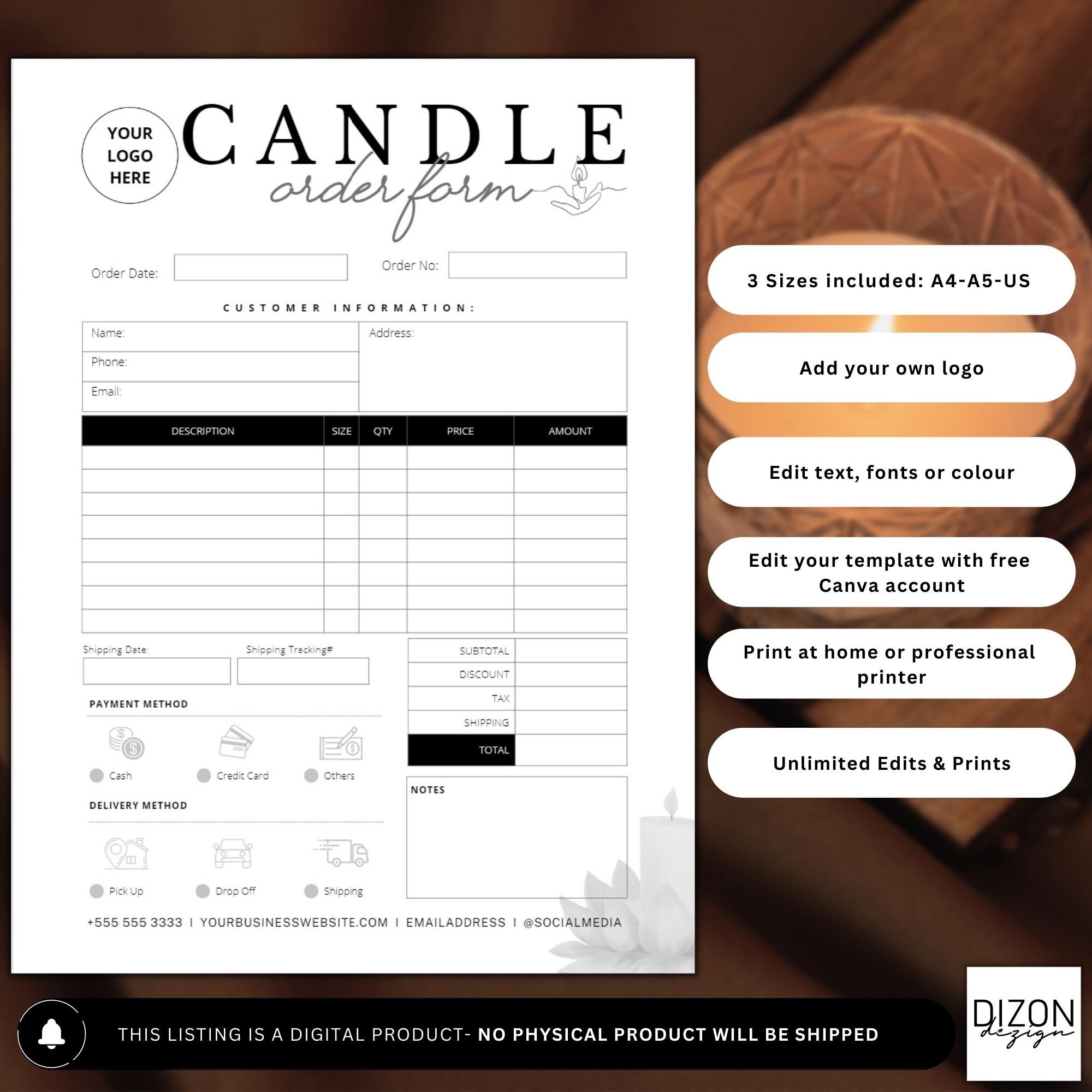 Editable Candle Order Form Template | Printable Canva Design (A4, US ...