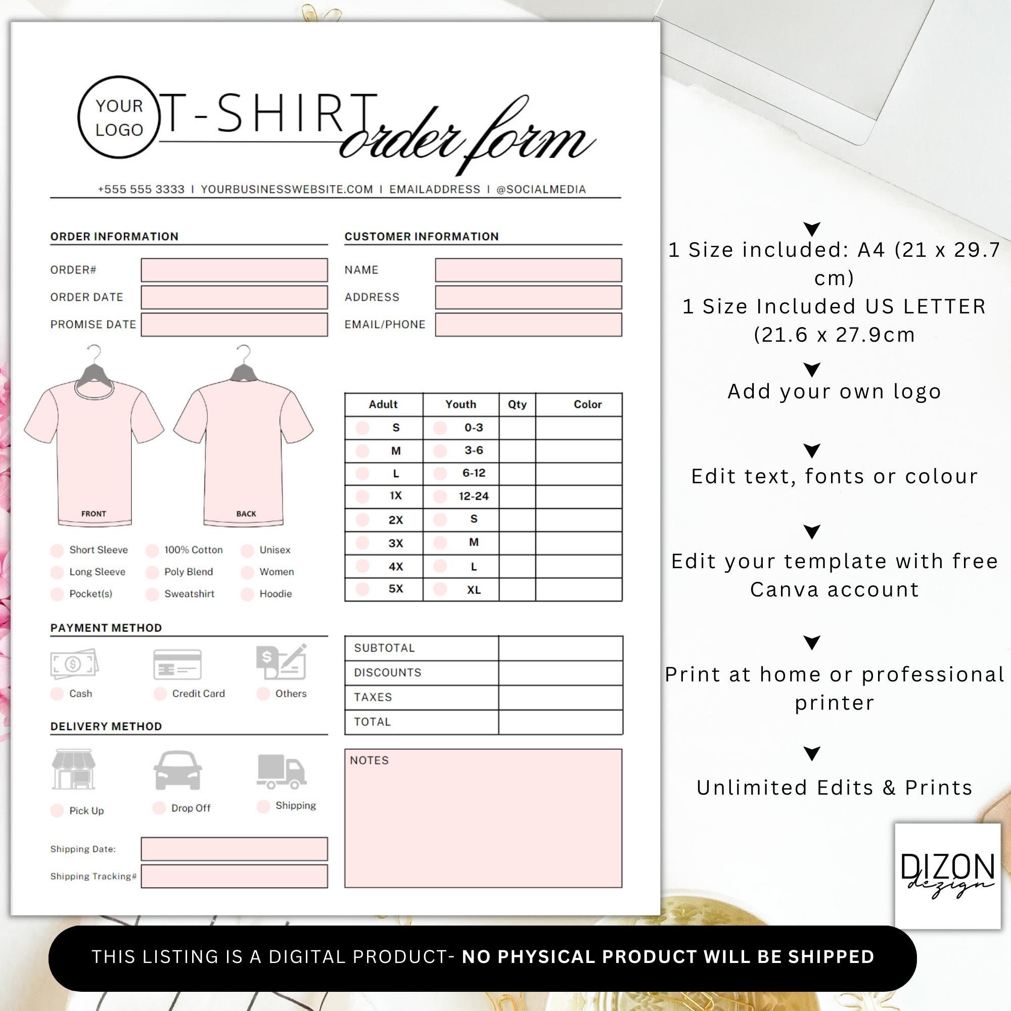 Editable T-shirt Order Form Template, Printable Small Business Order ...