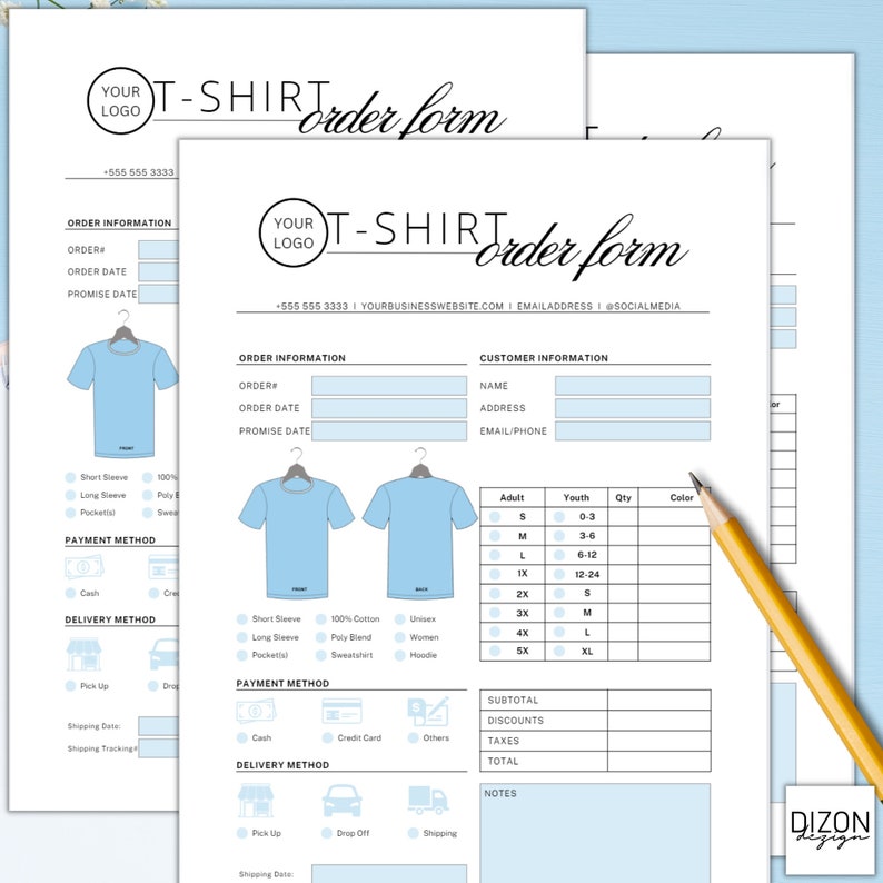 Editable T-shirt Order Form Template, Blue Printable Small Business ...