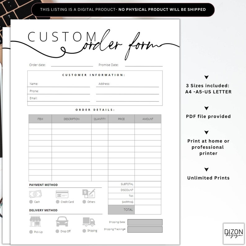 Custom Order Form Template, Custom Order Form, Order Form, Printable ...
