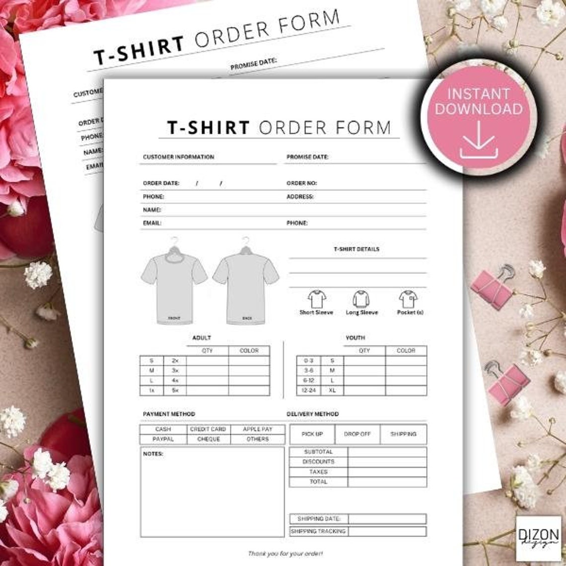 T-shirt Order Form Printable Downloadable Small Business | Perfect for ...