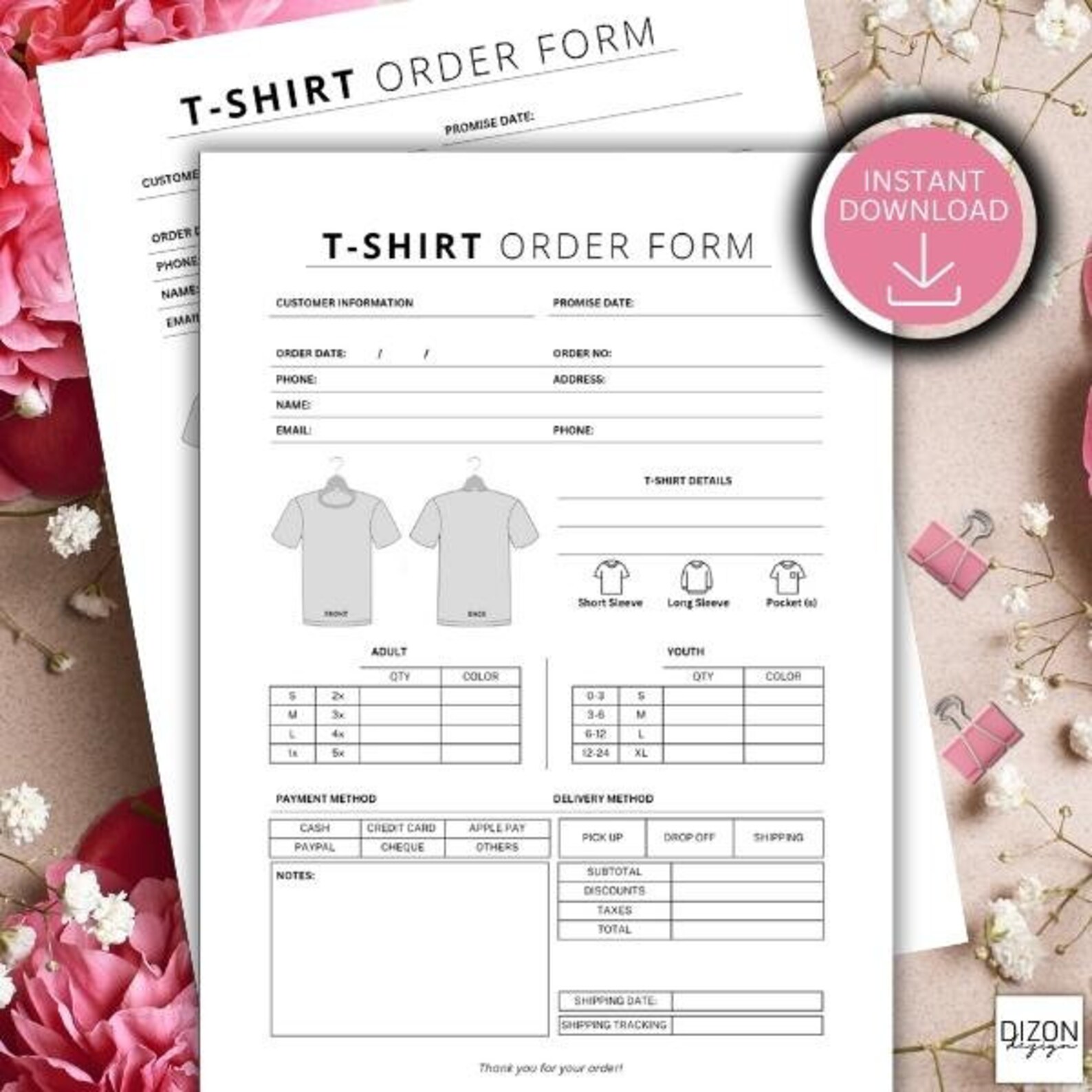 T-shirt Order Form Printable Downloadable Small Business | Perfect for ...
