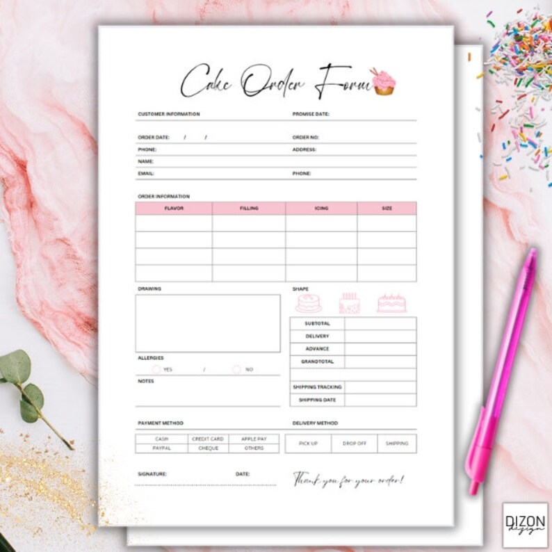 Cake Order Form Printable, Bakery Order Form Printable, Small Business ...