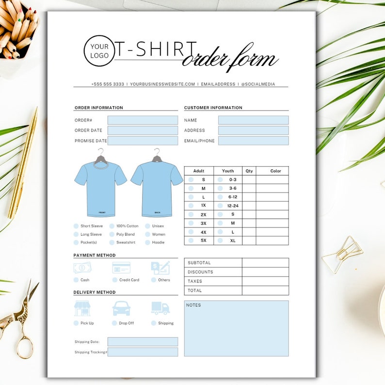 Editable T-shirt Order Form Template, Blue Printable Small Business ...