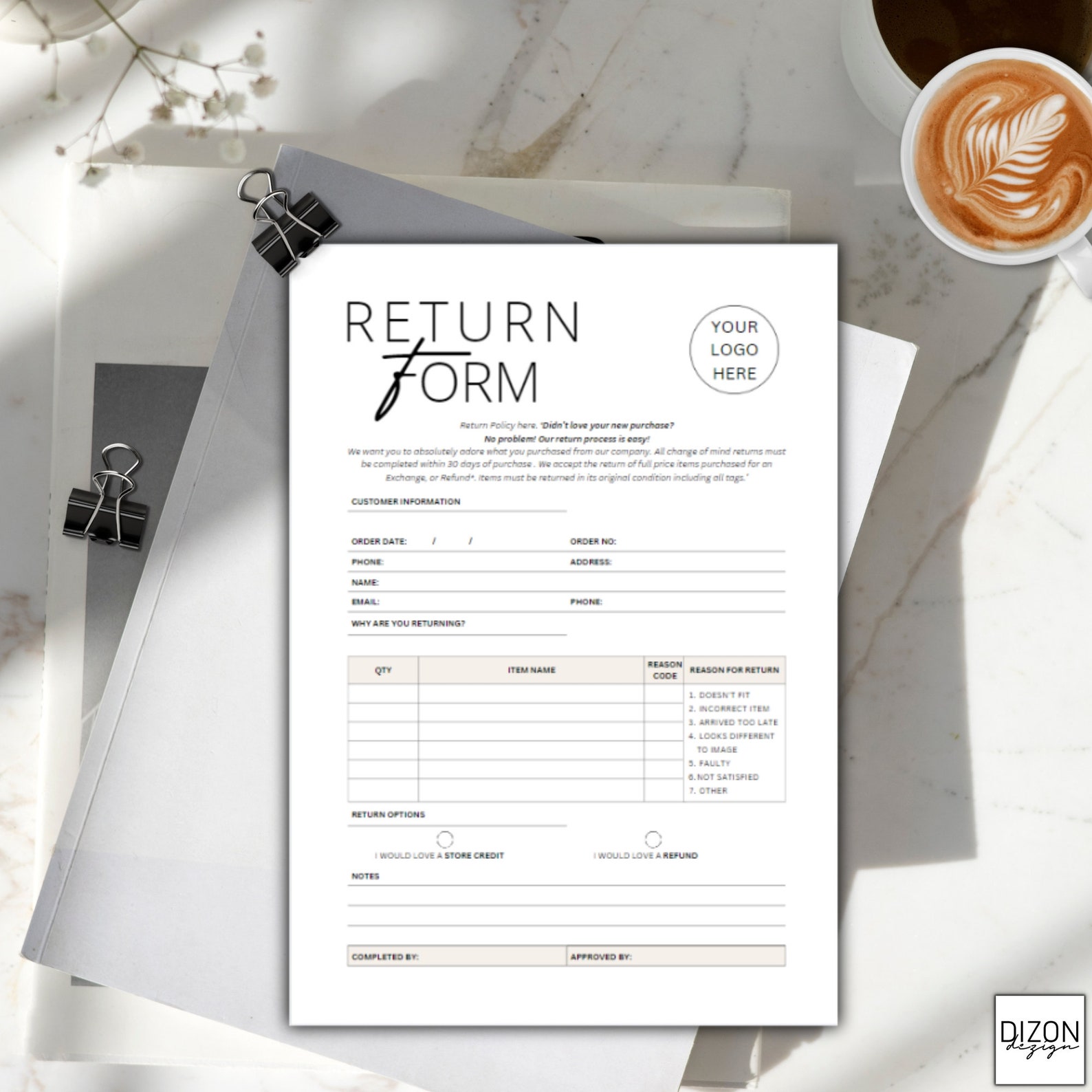 Editable Return Form Template, Printable Small Business Order Form ...