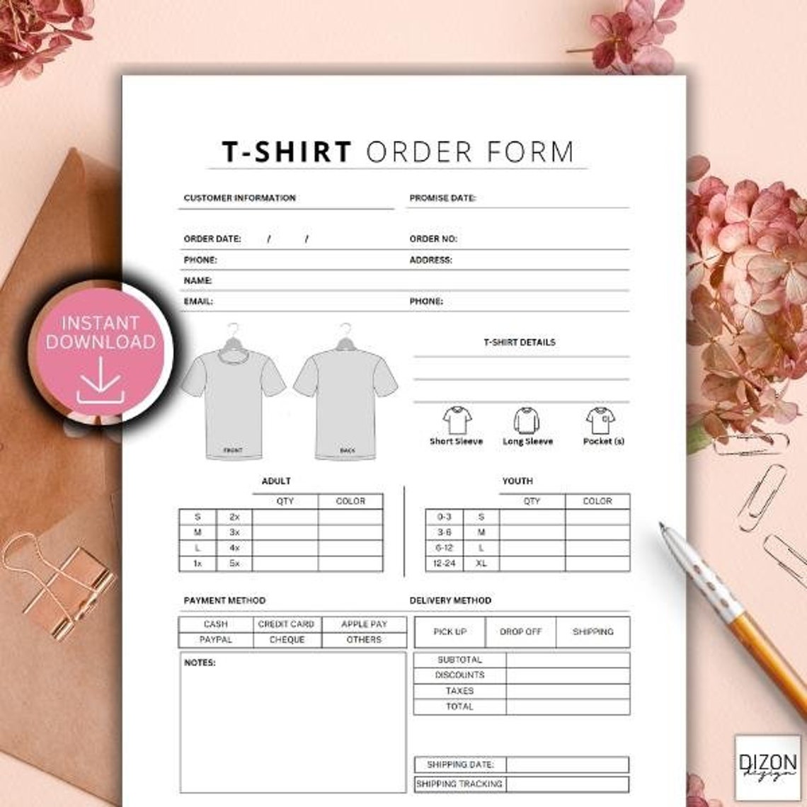 T-shirt Order Form Printable Downloadable Small Business | Perfect for ...