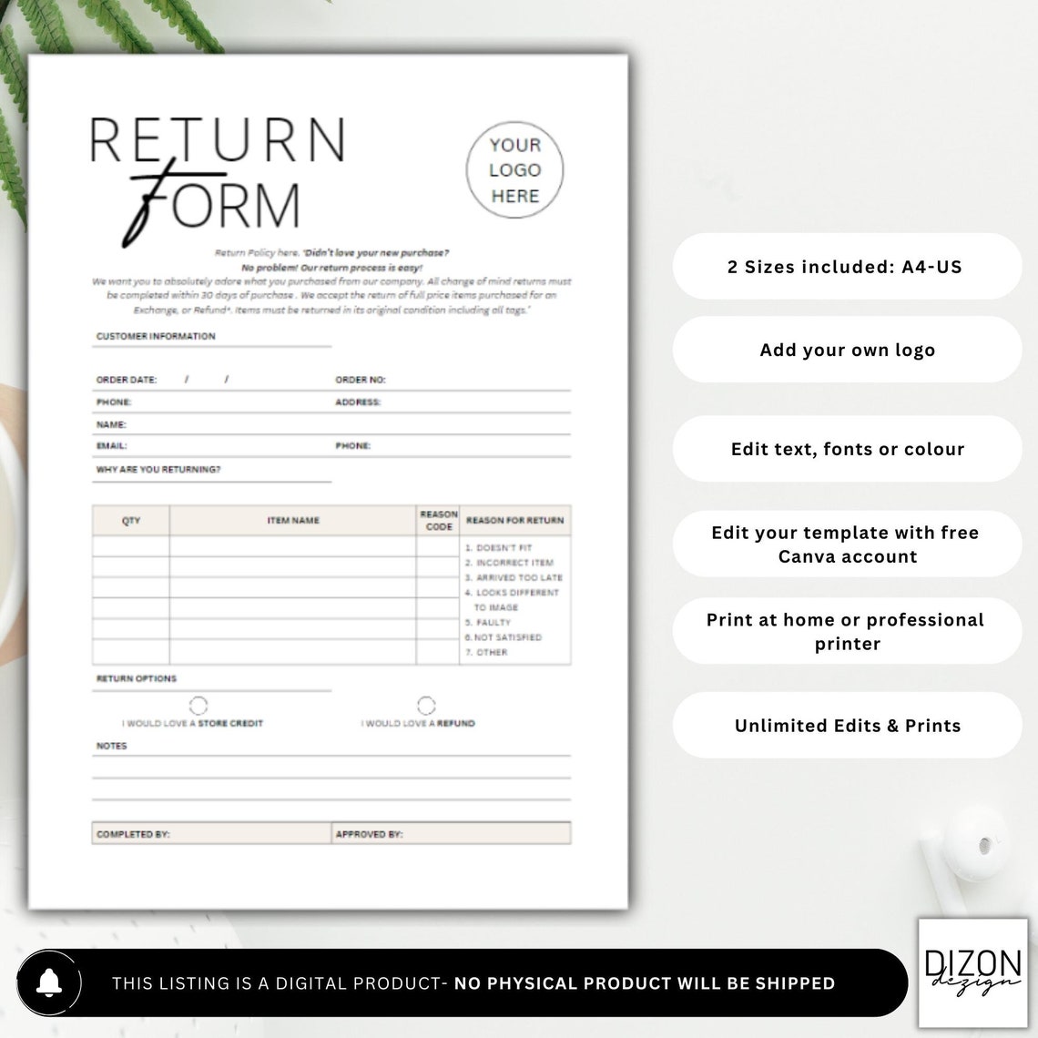 Editable Return Form Template, Printable Small Business Order Form ...