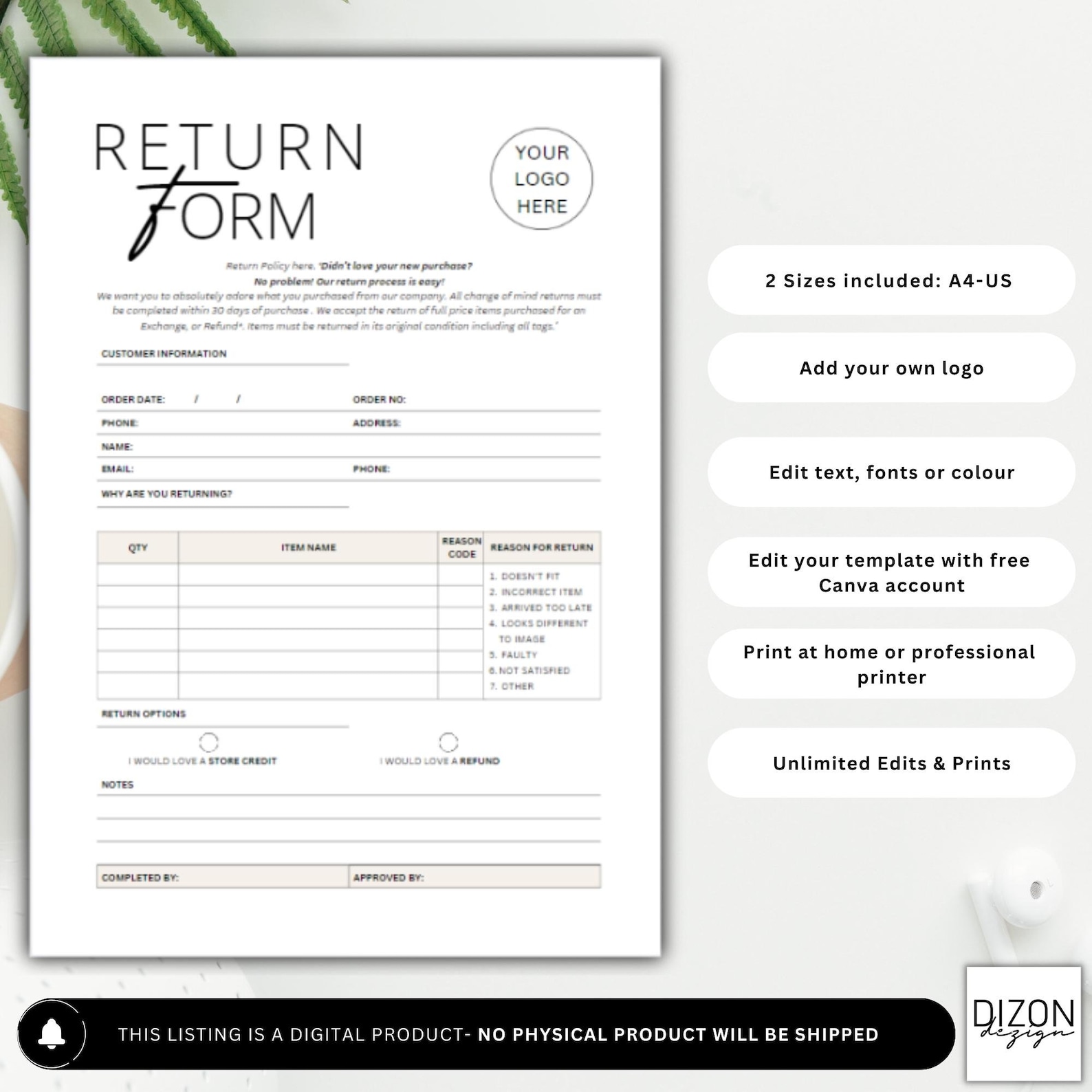 Editable Return Form Template, Printable Small Business Order Form ...