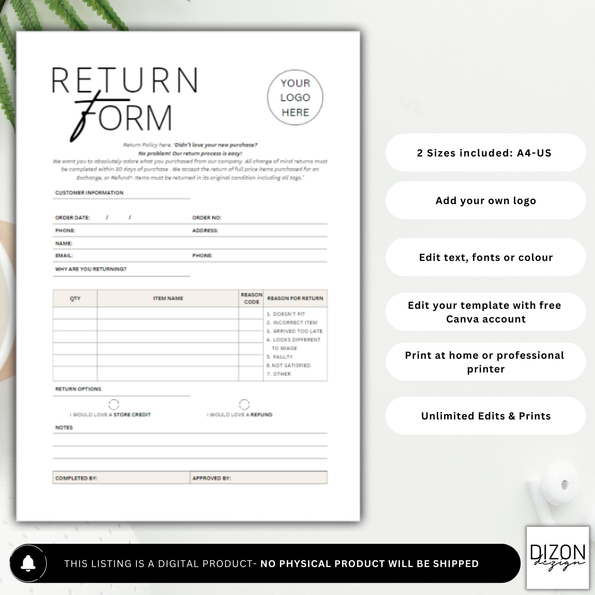 Editable Return Form Template, Printable Small Business Order Form ...