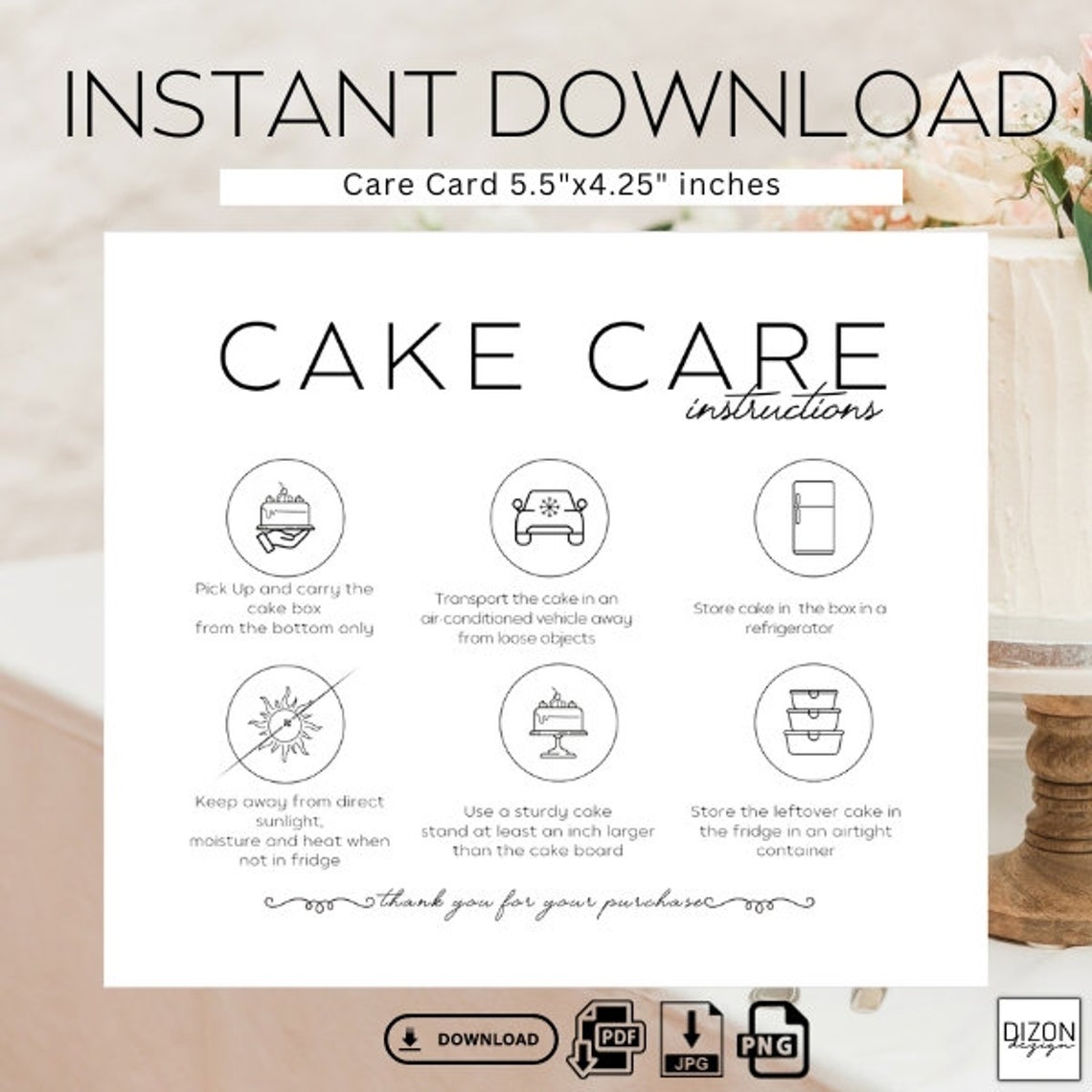 Cake Care Card Template, Wedding Cake Care Cards, Printable Cake Care ...