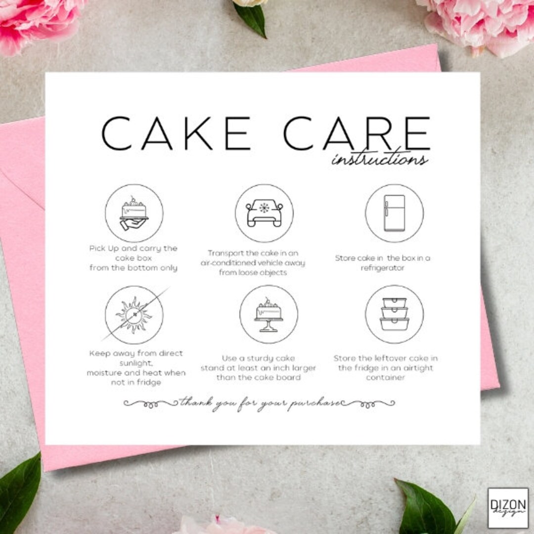 Cake Care Card Template, Wedding Cake Care Cards, Printable Cake Care ...