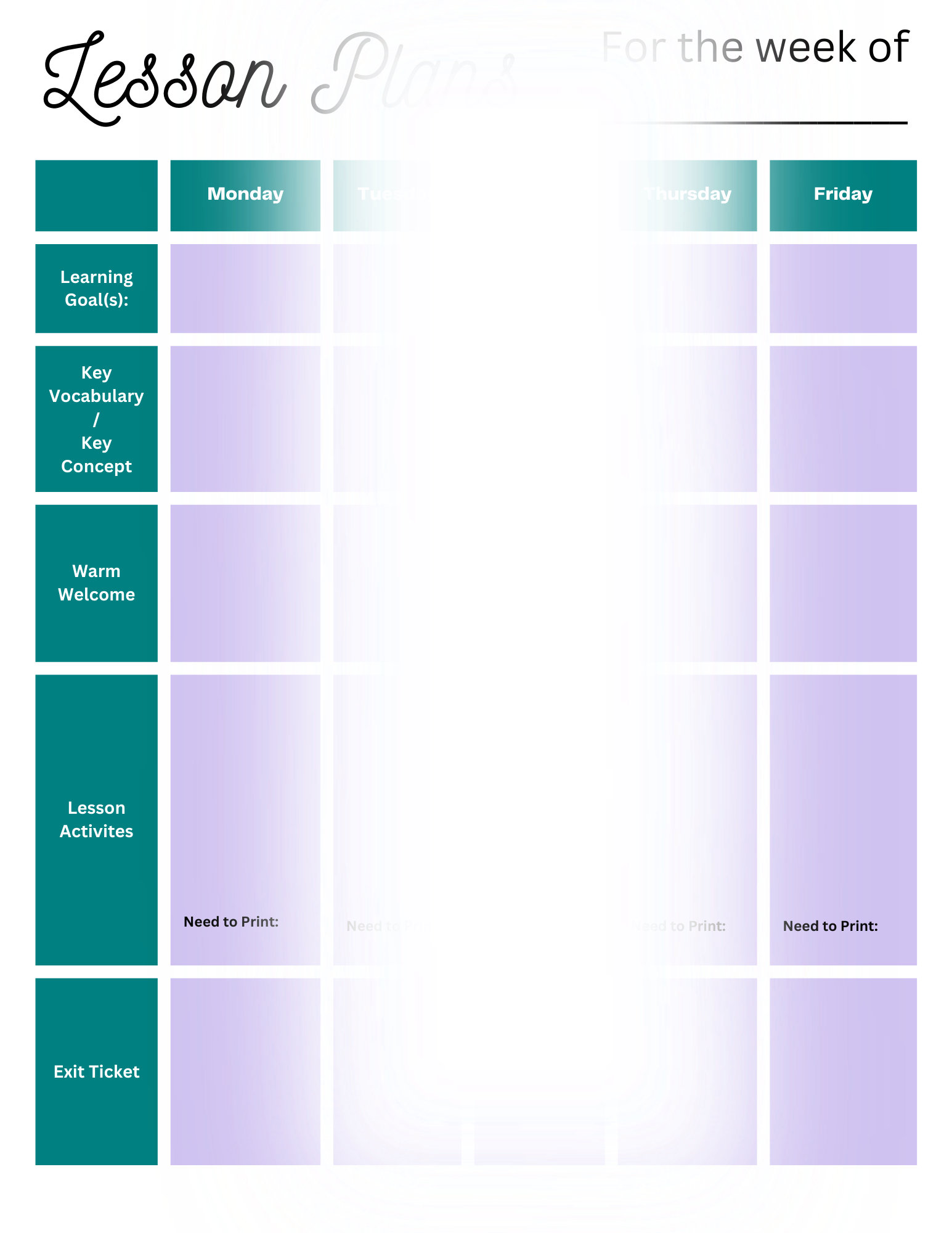 Week at a Glance Lesson Plan Template - Etsy